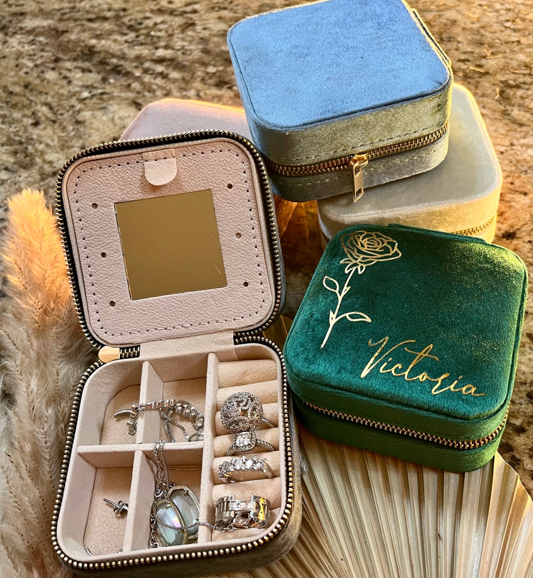 Emerald Green Velvet Jewelry Box, Birth Flower Custom Gift for Women ...