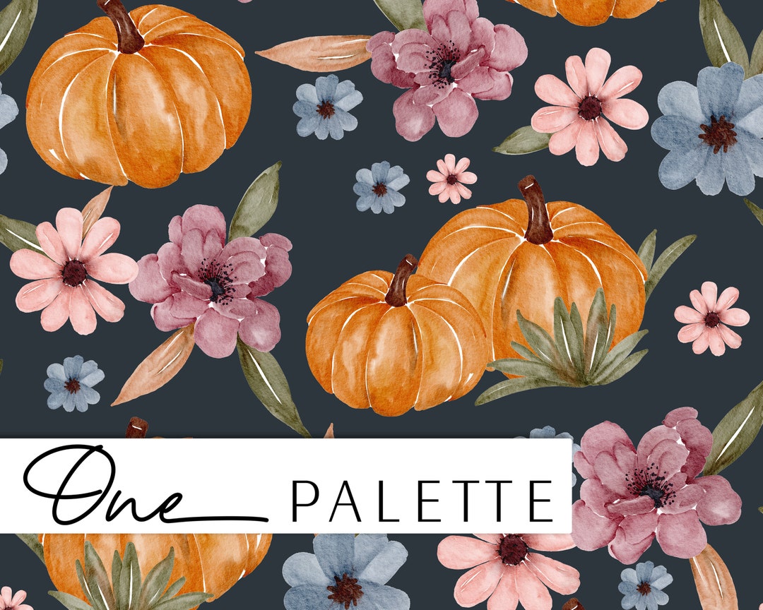 Floral PUMPKINS BLUE | Watercolor Floral Pumpkins Seamless Digital ...