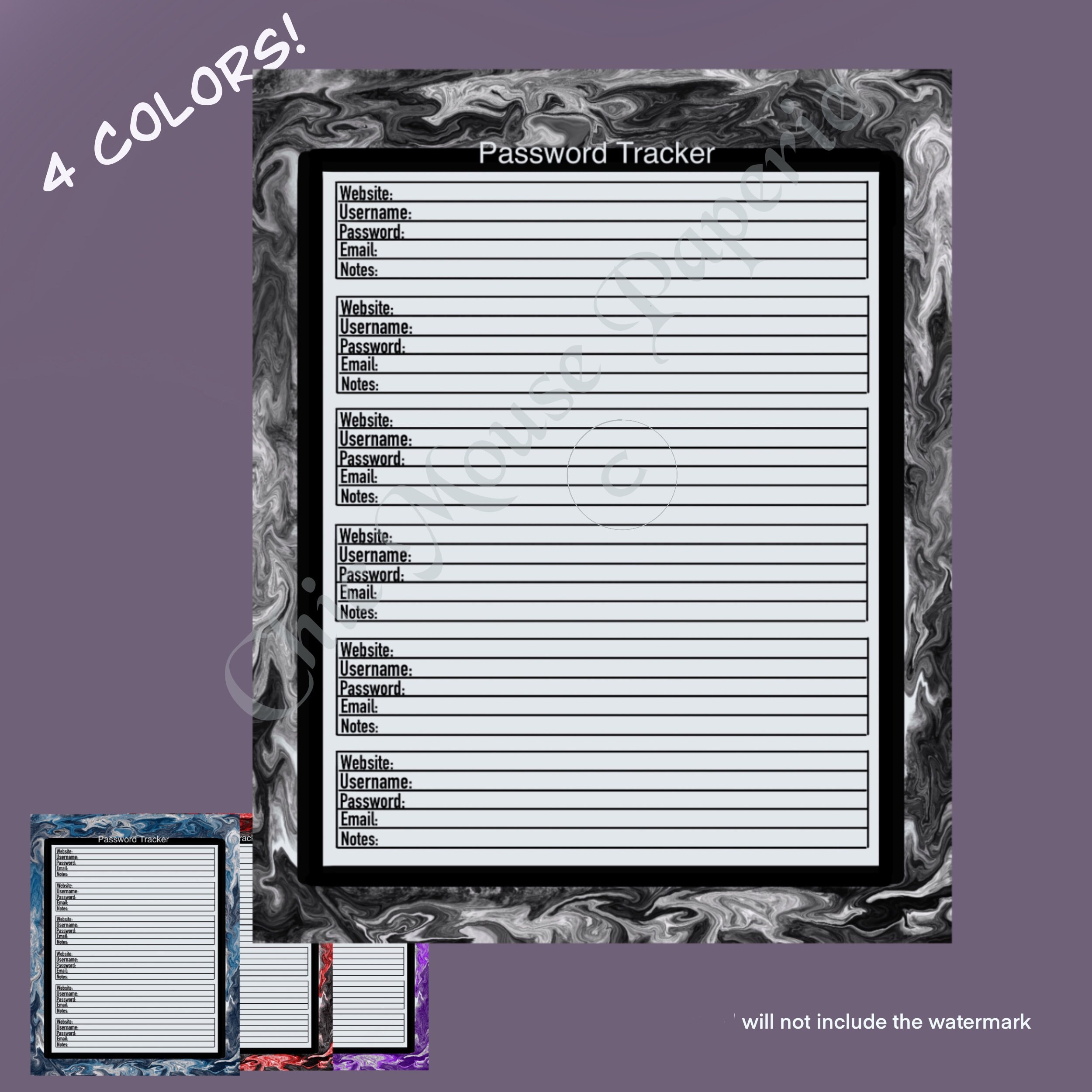 Password Tracker Marbled Design 4 Colors Black Blue Red Purple Marble ...