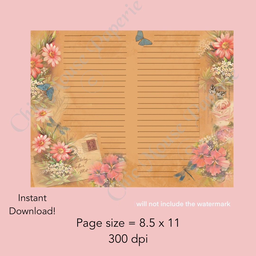 Signature Page Junk Journal Printable Lined Florals Butterflies Brown ...
