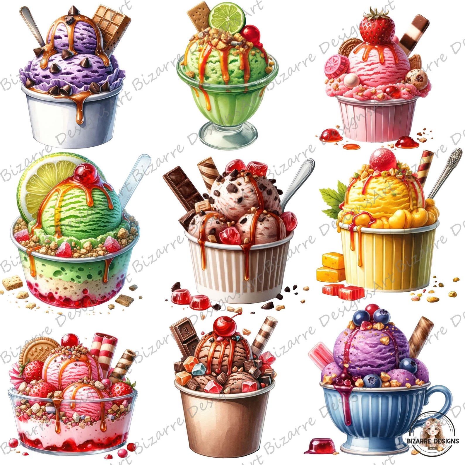 Ice Cream Summer Clipart, Ice Cream Watercolor Clipart, Sweets Clipart ...