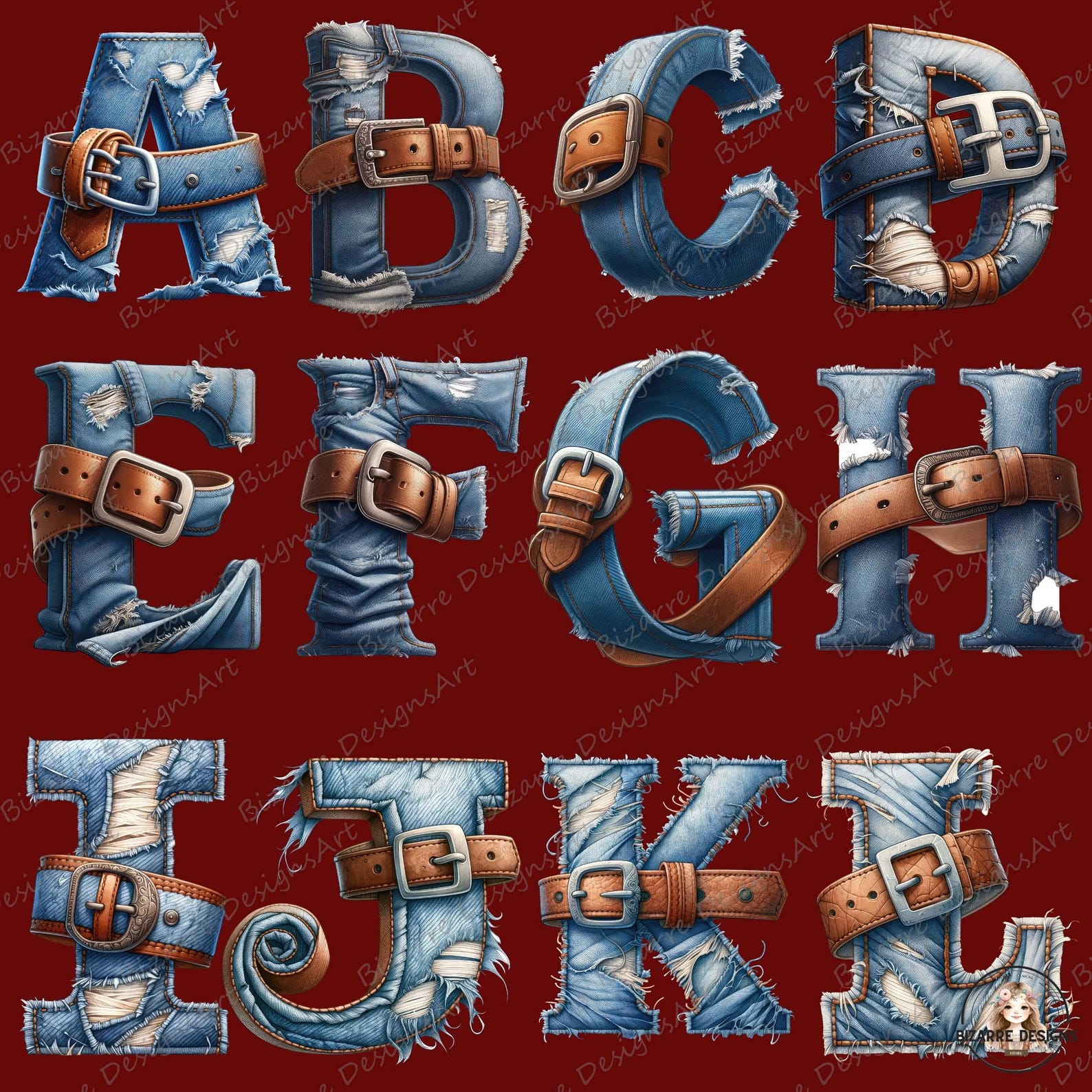 Denim Alphabet, Denim Clipart, Watercolor Denim Clipart, Denim Jeans ...