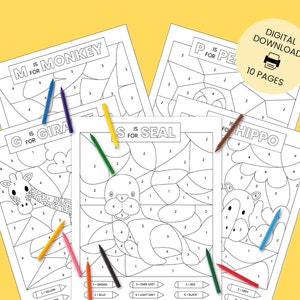 10 Zoo Animals Kids Color by Number Coloring Page Bundle | Printable ...