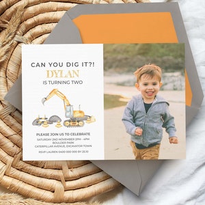 Digger Birthday Photo Invitation, Boys Construction Party Theme ...