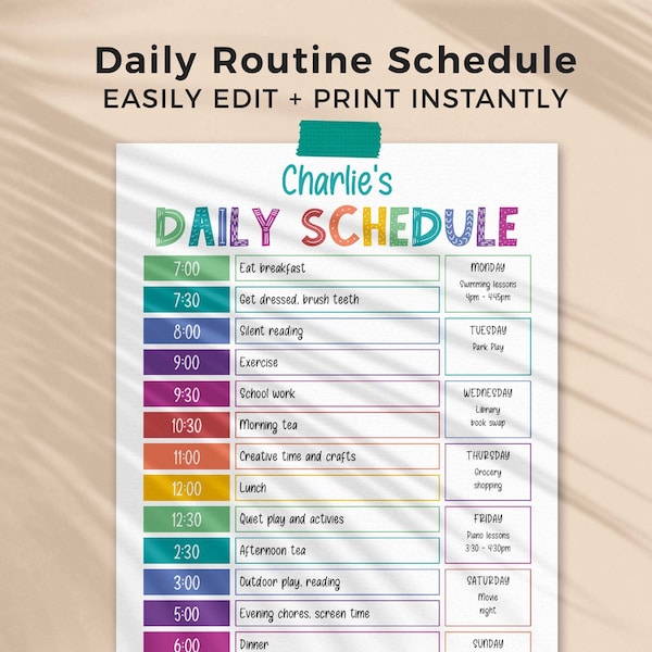 Kids Daily Schedule Template, Homeschool Daily Routine, Editable PDF ...