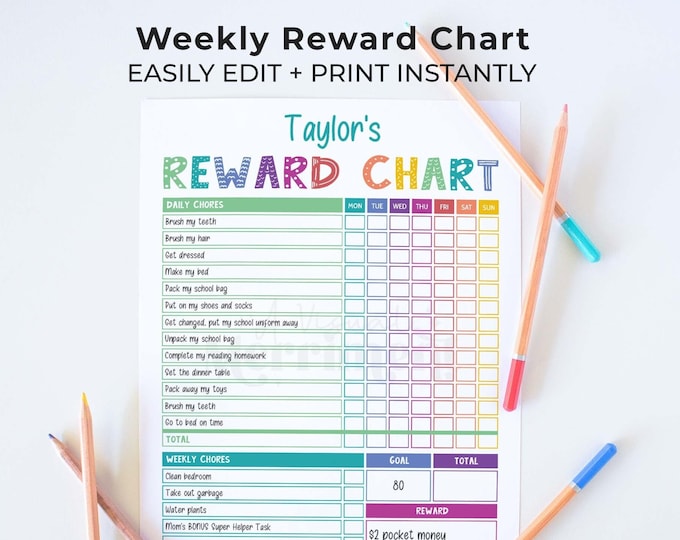 Rainbow Chore Chart for Kids, Editable Printable | Daily + Weekly ...