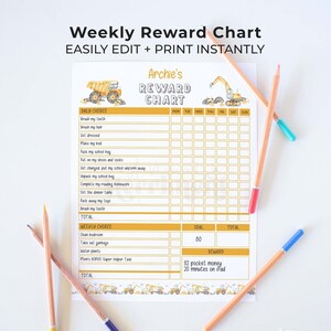 Construction Reward Chart for Kids, Editable Printable | Daily + Weekly ...