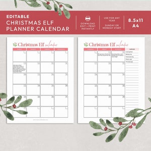 Christmas Elf Editable Calendar Planner Printable, 2 Pages + BONUS ...