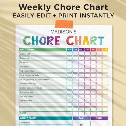Rainbow Chore Chart for Kids Editable Printable Daily - Etsy