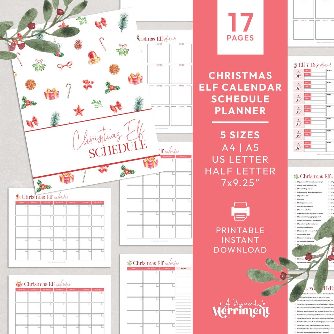 Christmas Elf Schedule Printable Calendar Planner | Red Holiday Elf ...