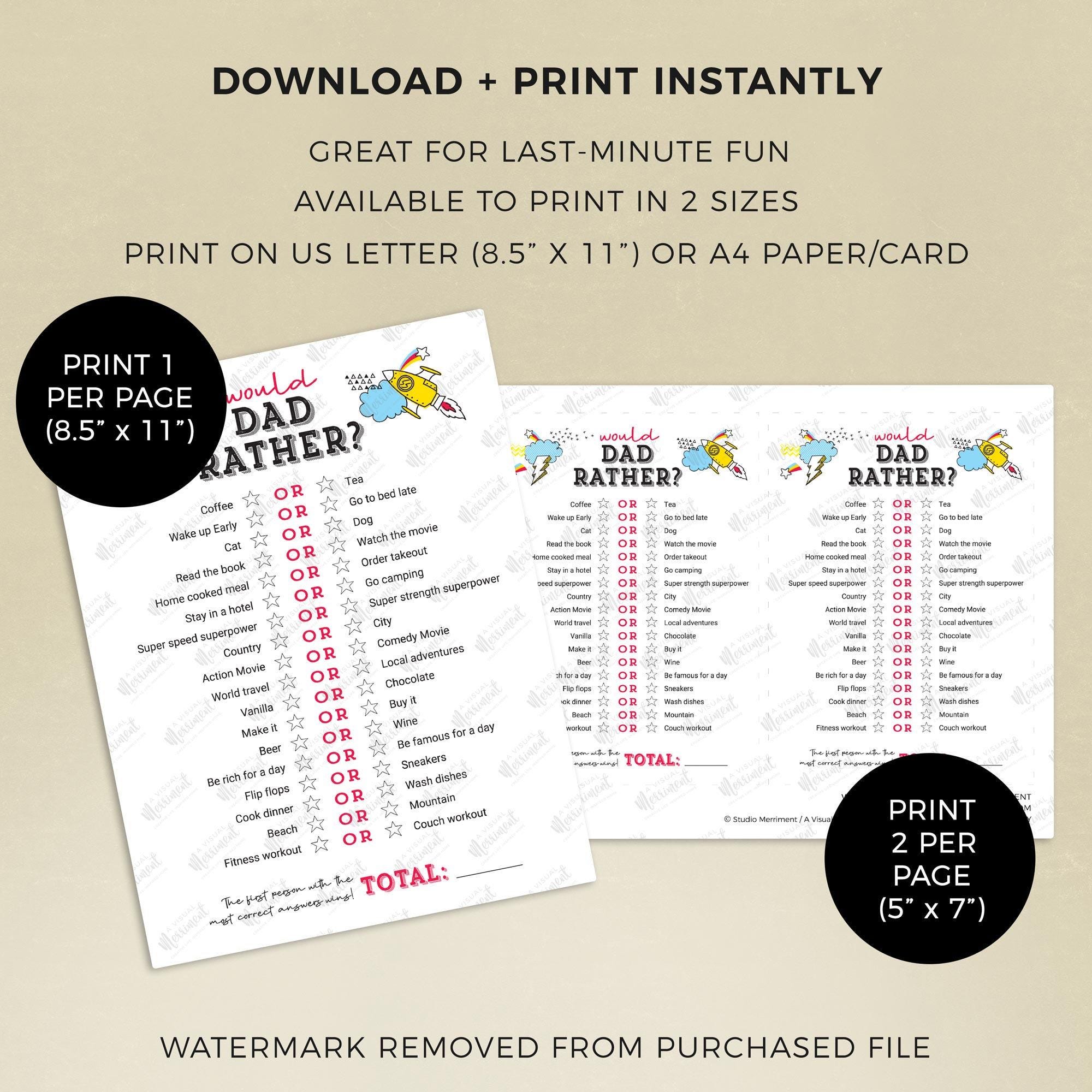Father's Day Printable Game, Would You Rather Dad Activity | Superhero ...