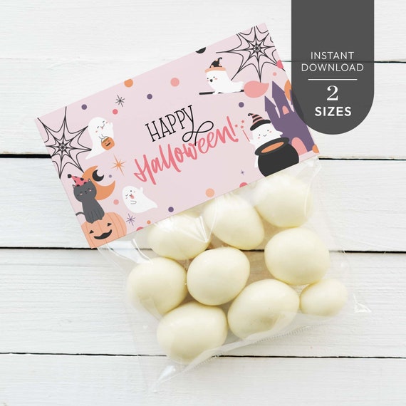 Happy Halloween Favor Bag Topper Cards, printable | Pink ghost girl's ...