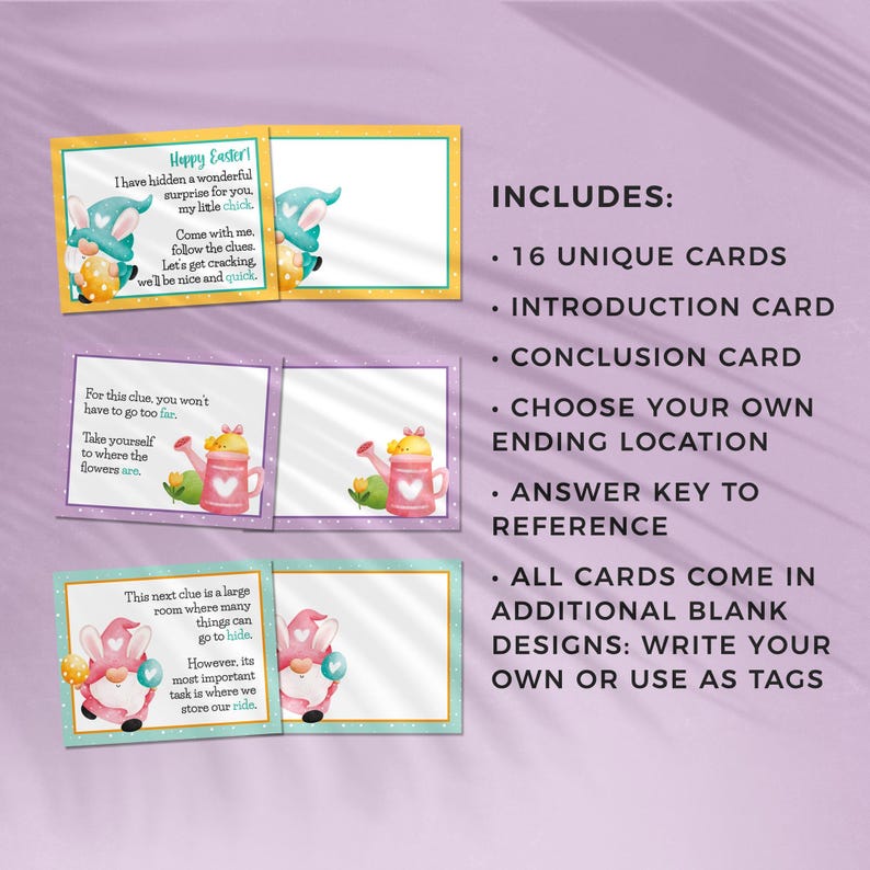 Gnome Outdoor Easter Treasure Hunt Printable Scavenger Egg Hunt Cards ...