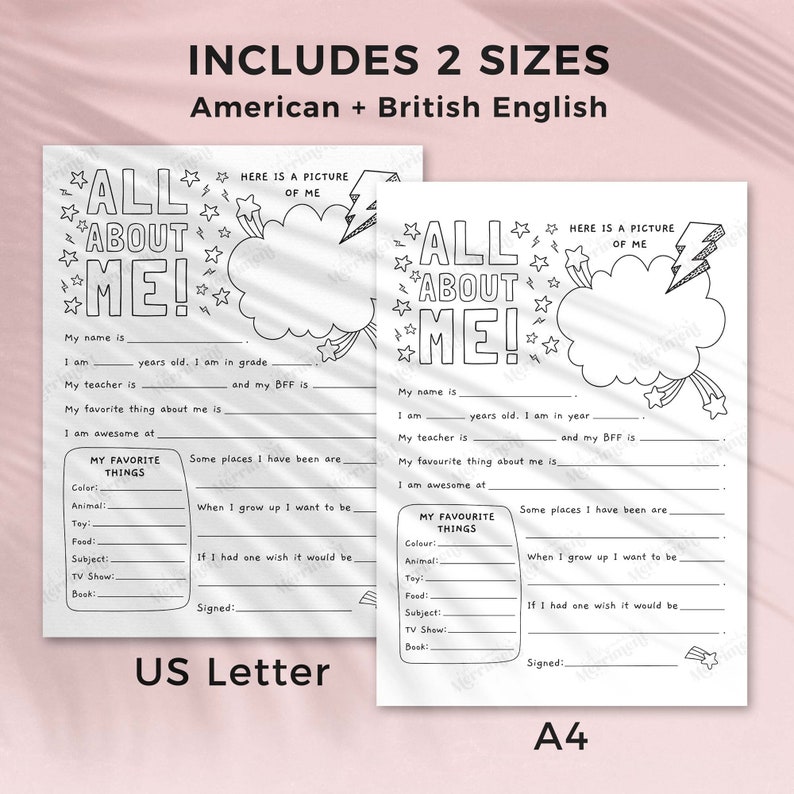 All About Me Printable Worksheet Back to School Writing Prompt for Kids ...