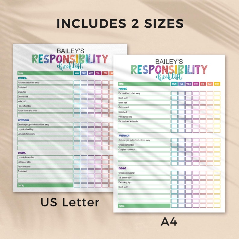 Rainbow Responsibility Checklist for Kids Editable Printable - Etsy