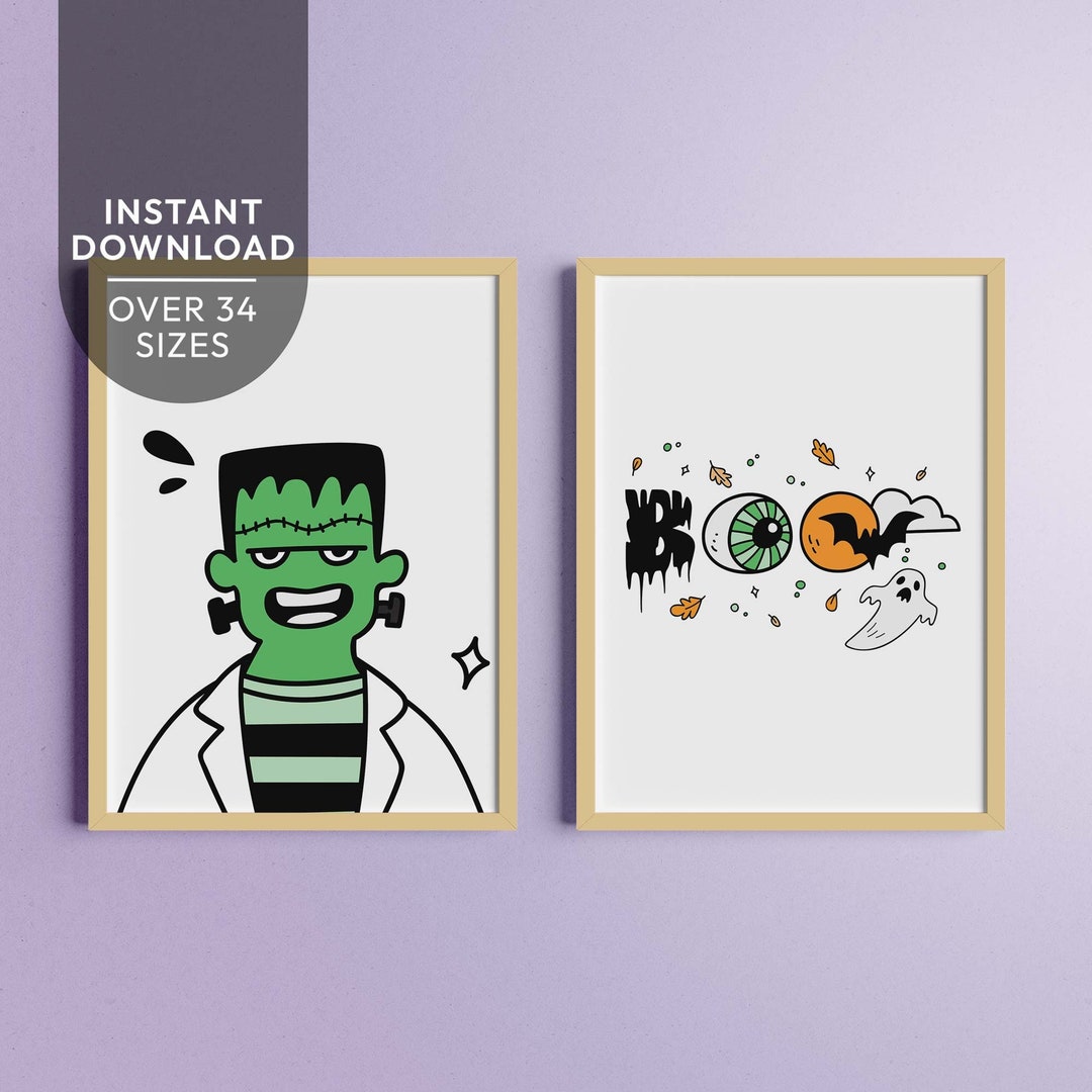 Halloween Wall Art Printable, Cute Frankenstein + Boo Saying ...