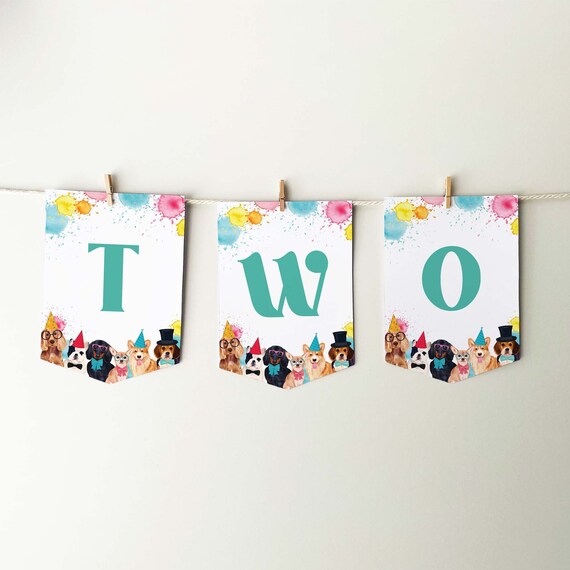Dog Party Second Birthday High Chair Banner | Green "Two" printable ...