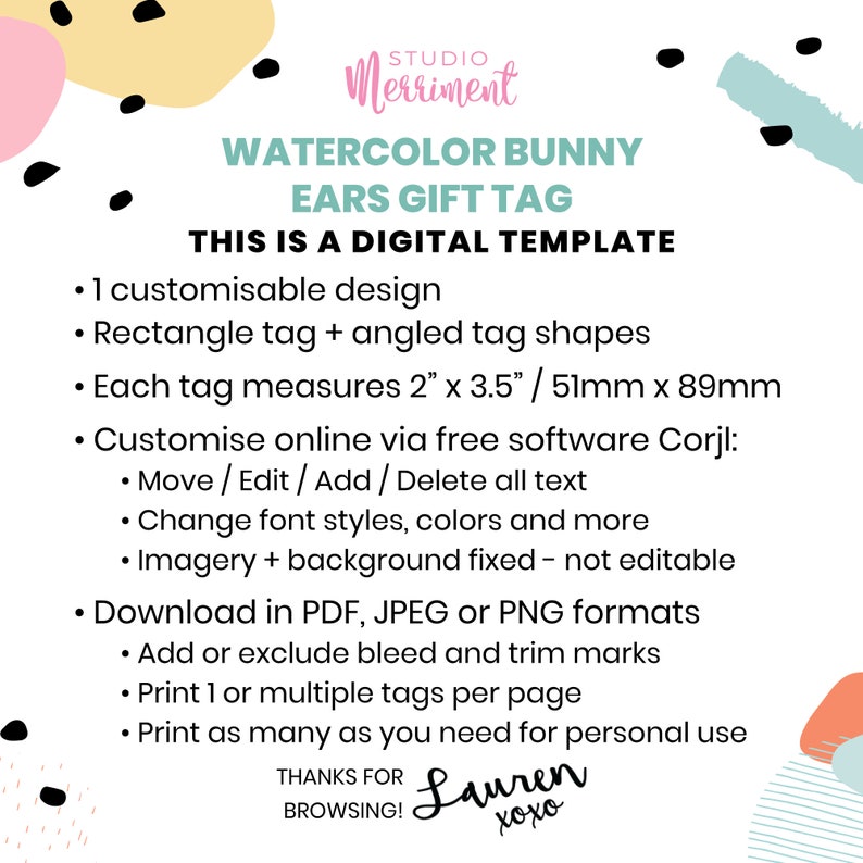 Happy Easter Gift Tag Template, Watercolor Bunny Ears Editable Pastel ...