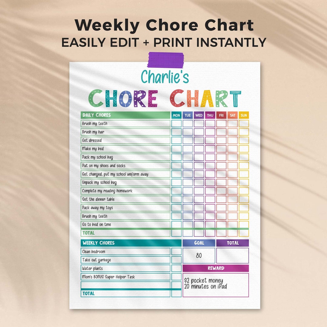 Rainbow Chore Chart for Kids, Editable Printable | Daily + Weekly ...