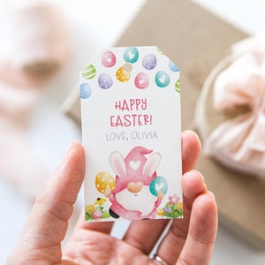 Editable Easter Gift Tag Template, Pink Gnome + Eggs | Printable Happy ...