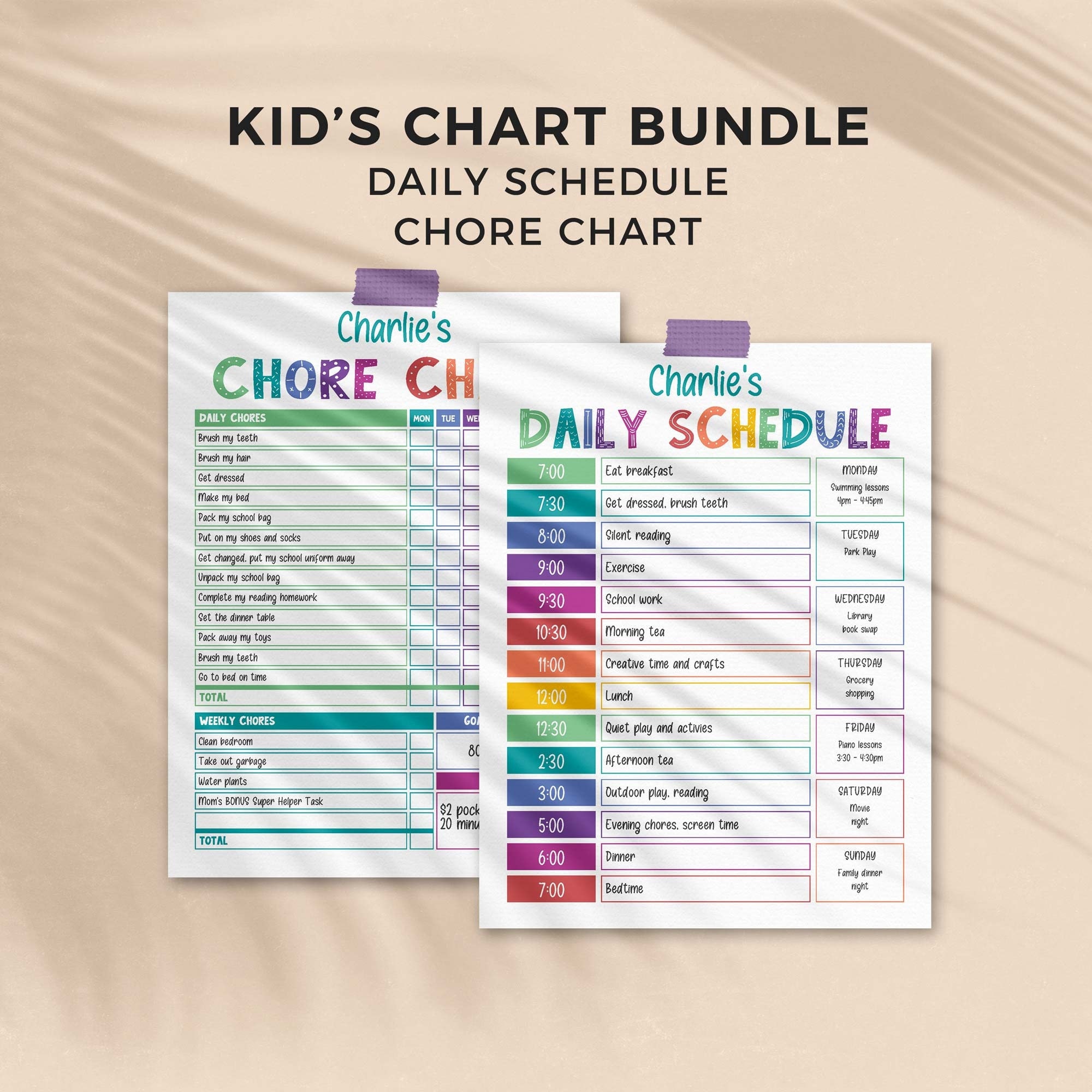 Rainbow Editable Chart Bundle for Kids, Daily Schedule Chore Chart ...