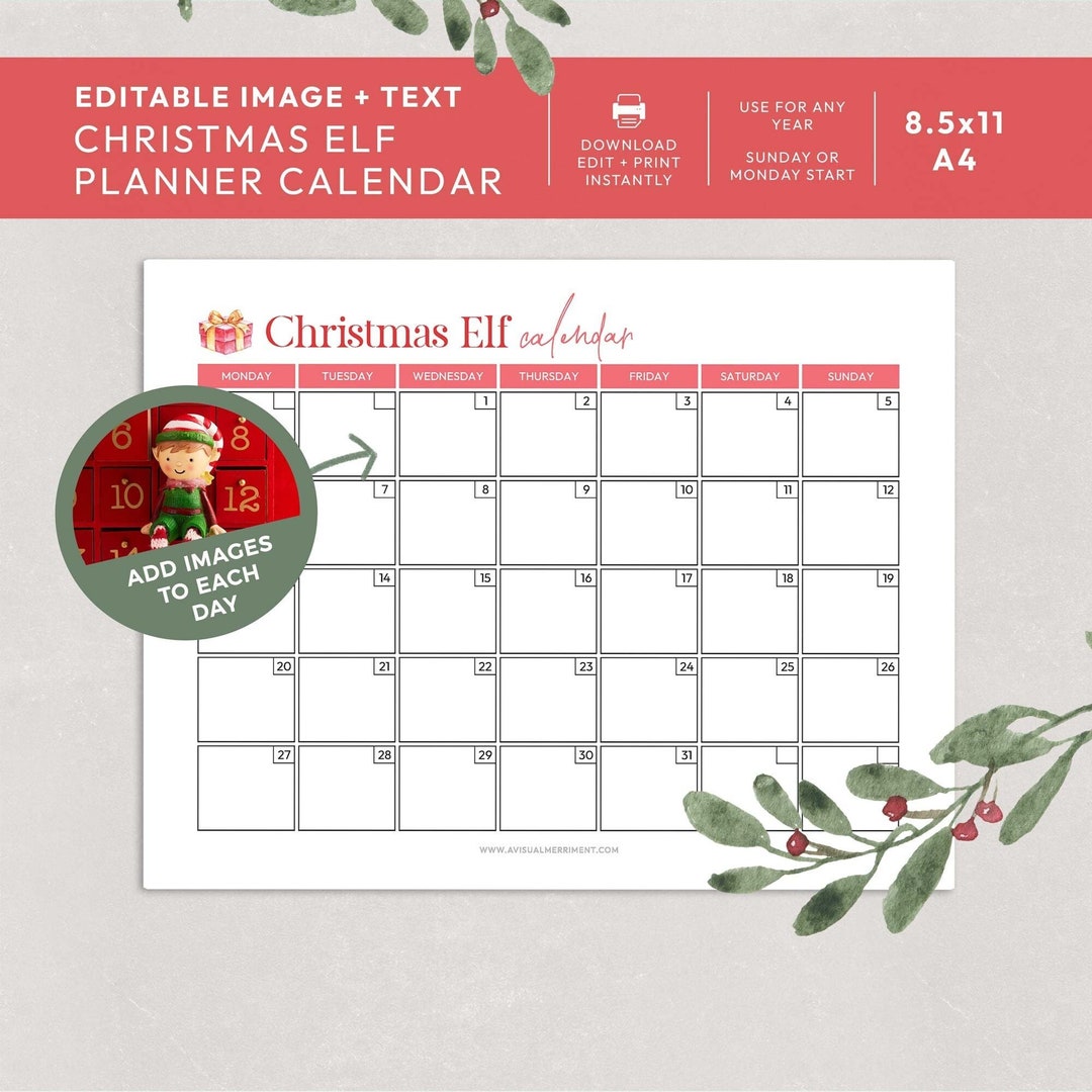Christmas Elf Editable Calendar Planner Printable (edit Images + Text ...