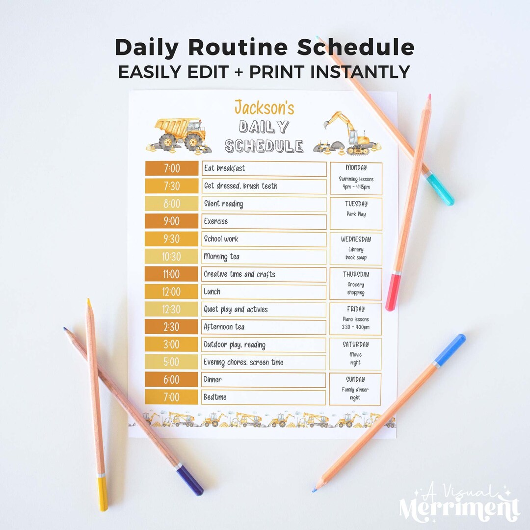 Construction Daily Schedule Chart for Kids, Editable Printable | Daily ...