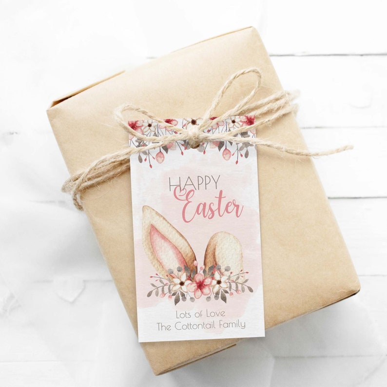 Happy Easter Gift Tag Template, Watercolor Flower Bunny Ears Editable ...