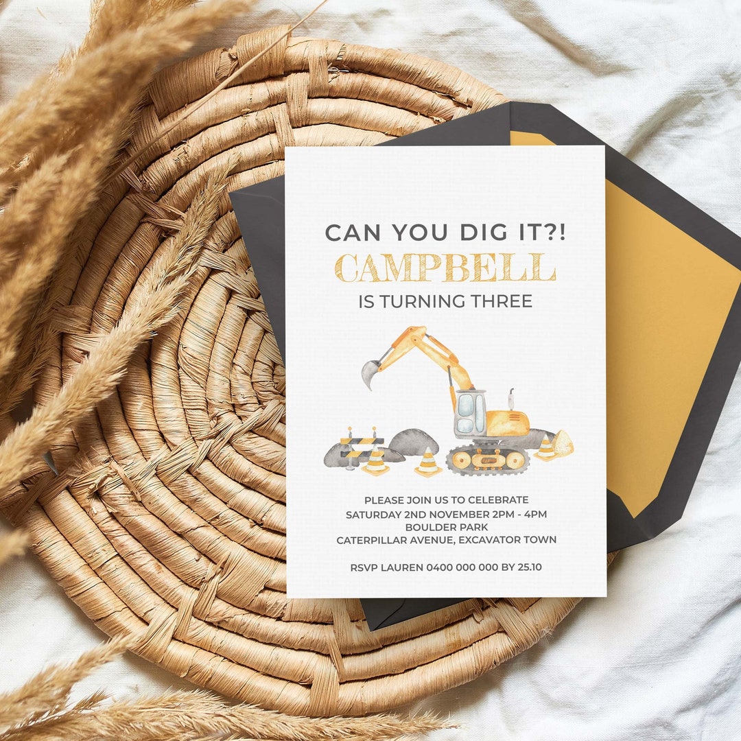 Digger Invitation Boys Construction Birthday Party Theme | Excavator ...