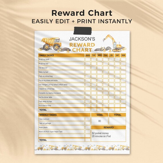 Construction Reward Chart for Kids, editable printable | Digger + dump ...