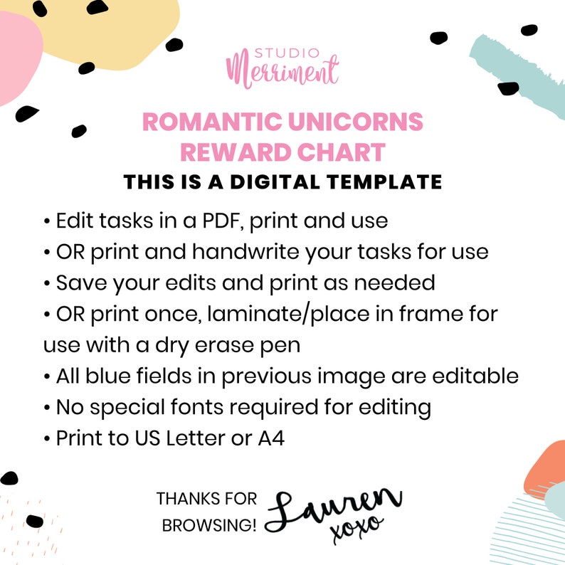 Unicorn Reward Chart for Kids Editable Printable Girls - Etsy