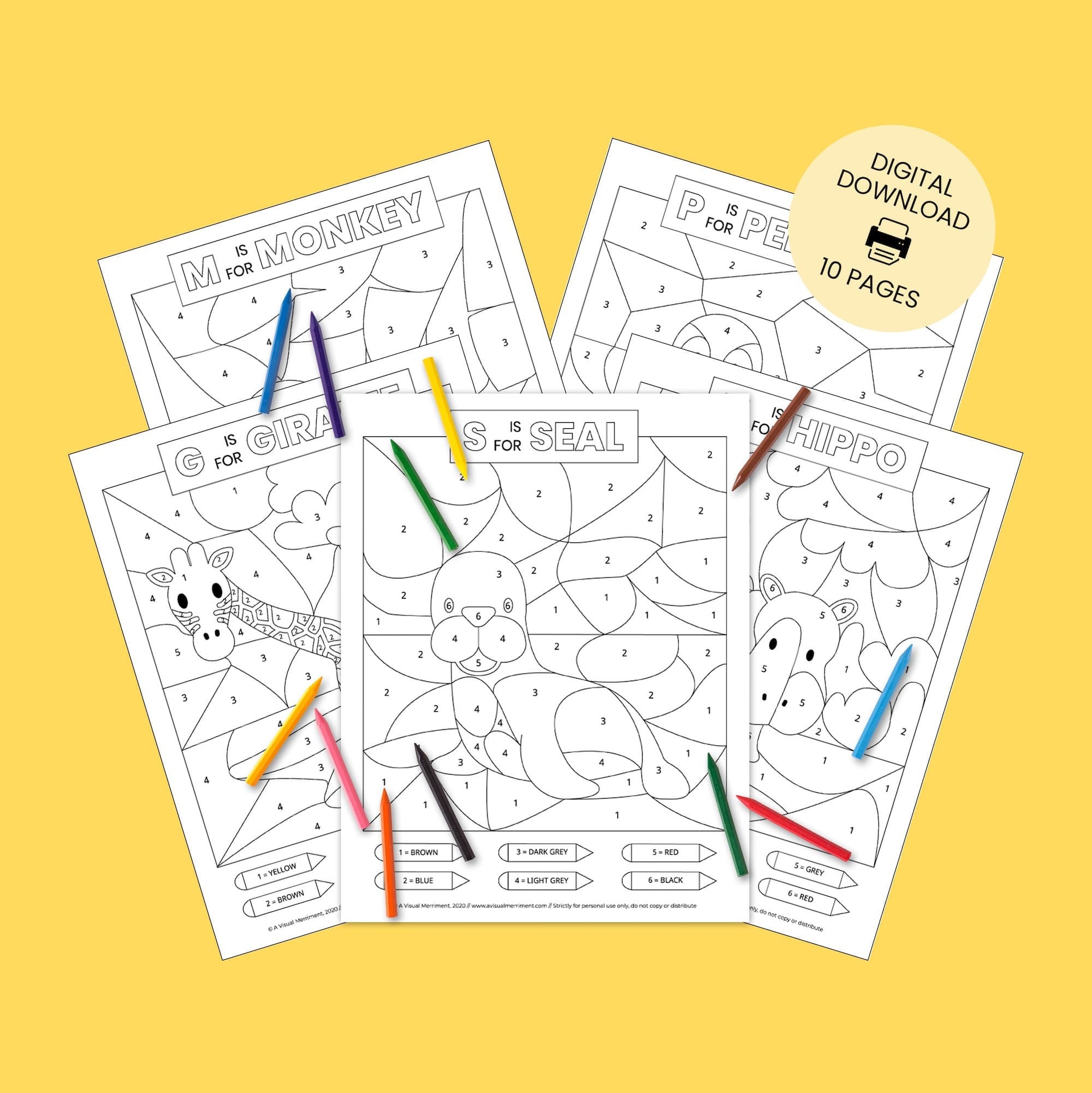10 Zoo Animals Kids Color by Number Coloring Page Bundle Printable ...