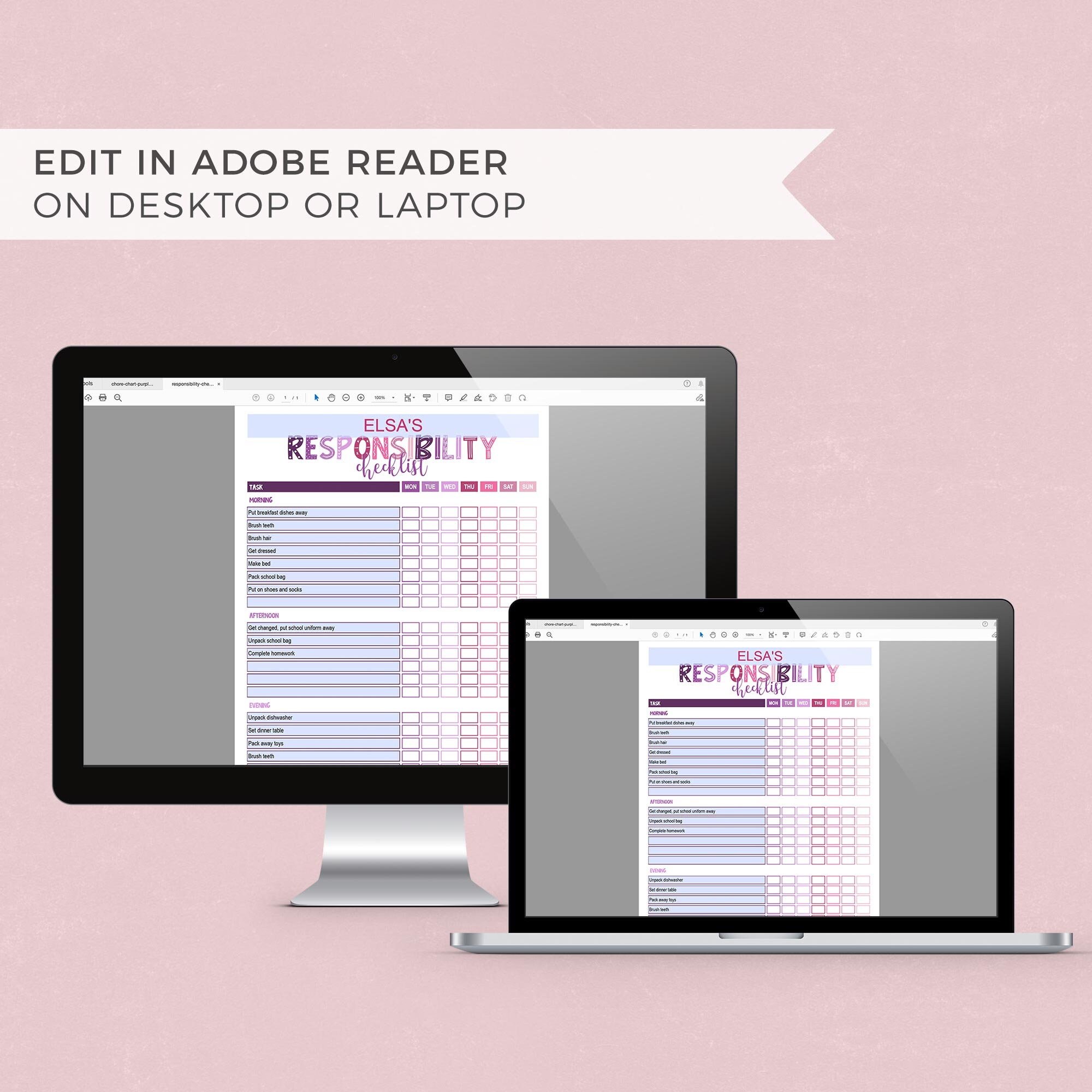 Purple Pink Responsibility Checklist for Kids, Editable Printable Girls ...