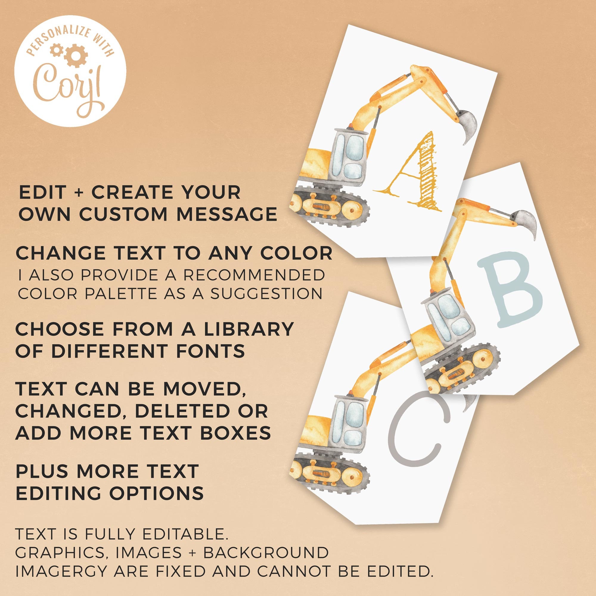 Editable Digger Construction Banner Bunting Printable Template | Custom ...