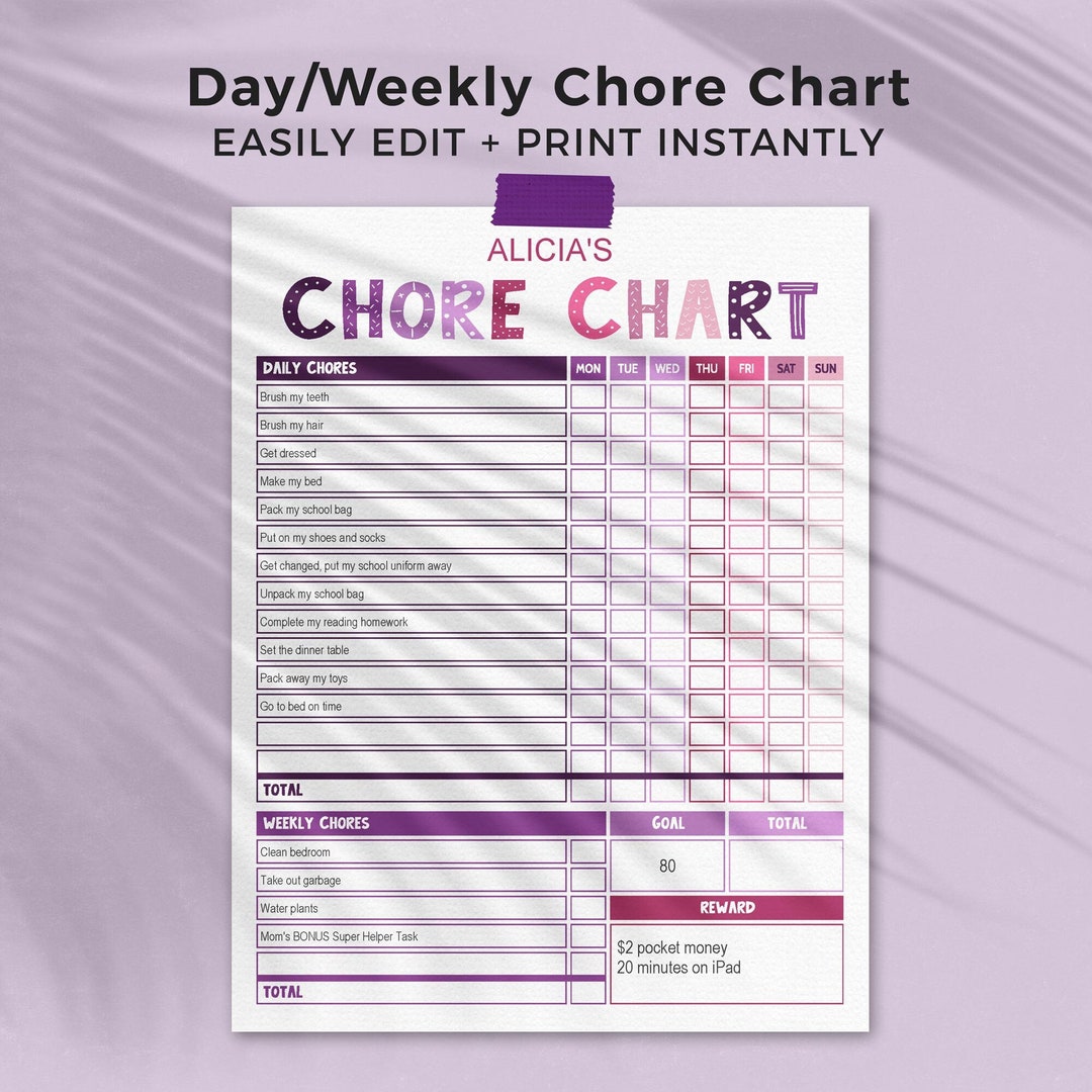 Purple Pink Chore Chart for Kids Editable Printable | Girls Daily ...