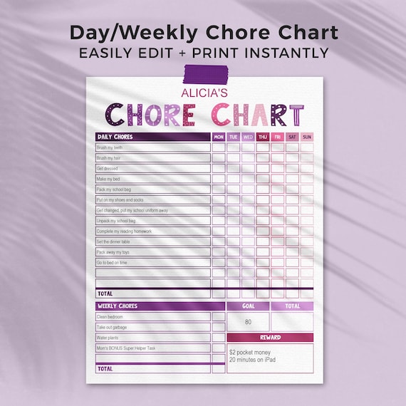 Purple Pink Chore Chart for Kids editable printable | Girls daily ...