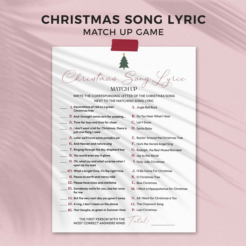 Printable Christmas Song Lyric Match up Game | Xmas Music Quiz for Kids ...