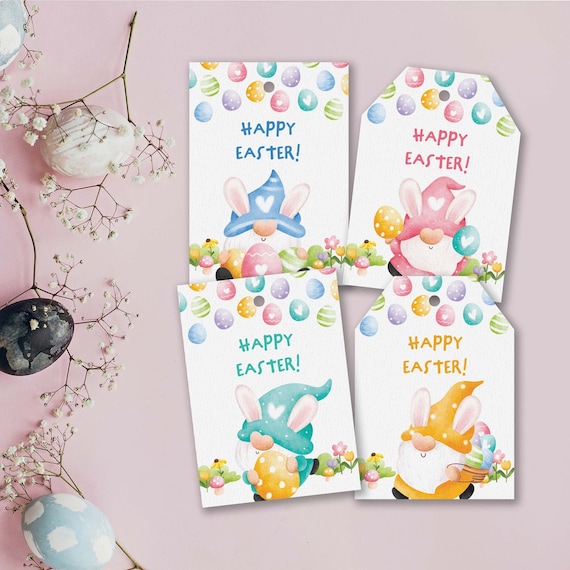 Printable Easter favor tags for kids, cute spring gnomes, 4 colors ...