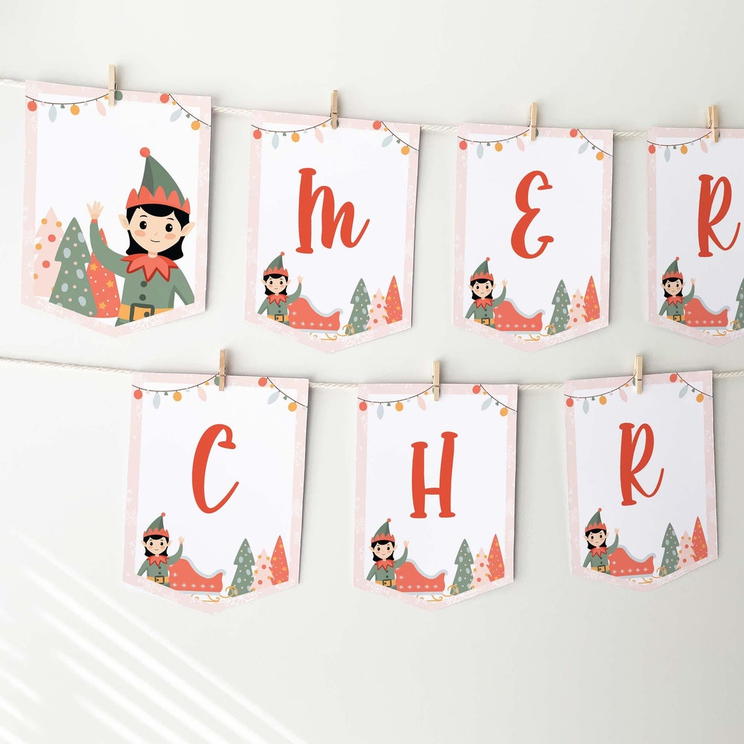 Merry Christmas Christmas Elf Printable Party Banner | Pink Girl Elf ...