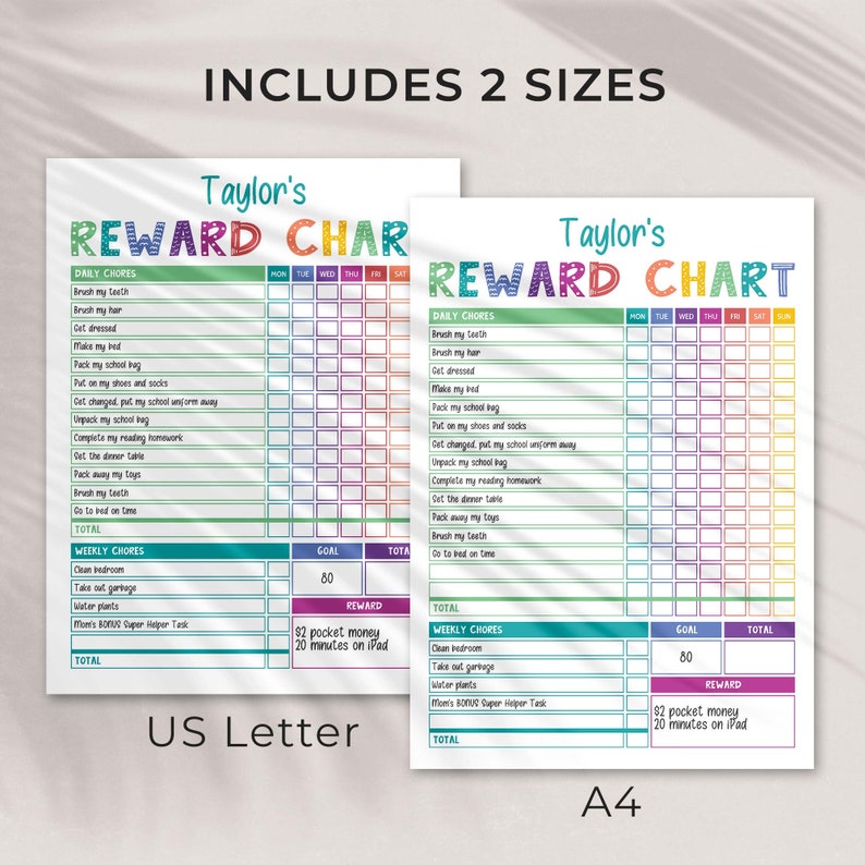 Rainbow Reward Chart for Kids, Editable Printable Daily Weekly ...