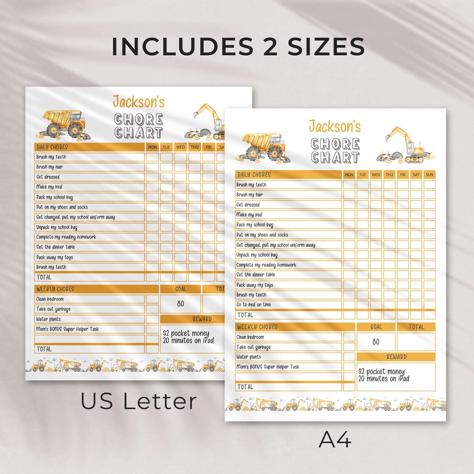 Construction Editable Chart Bundle for Kids, Daily Schedule + Chore ...