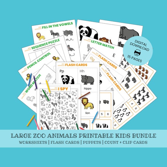 Kids Zoo Animals LARGE BUNDLE 15 pg: flash cards, puppets, counting ...