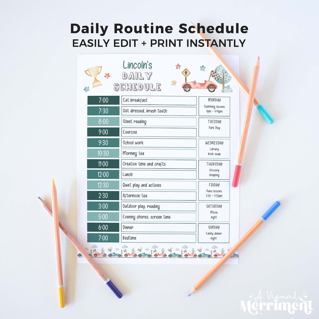 Vintage Race Car Daily Schedule Chart for Kids, Editable Printable ...