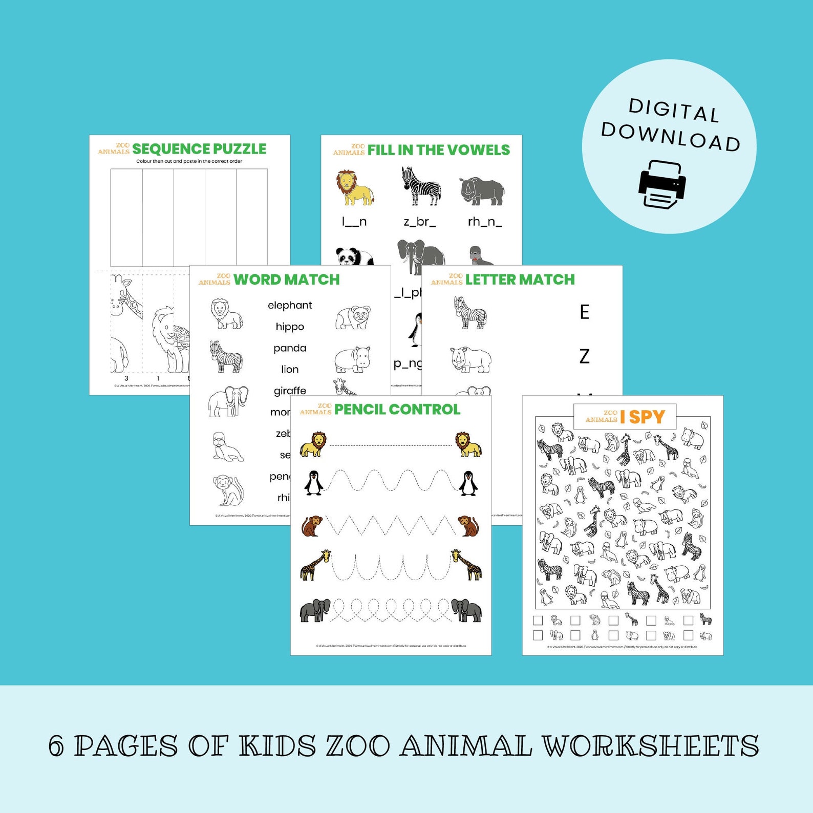 Kids Zoo Animals WORKSHEETS | I Spy, Sequence Puzzle, Word + Letter ...