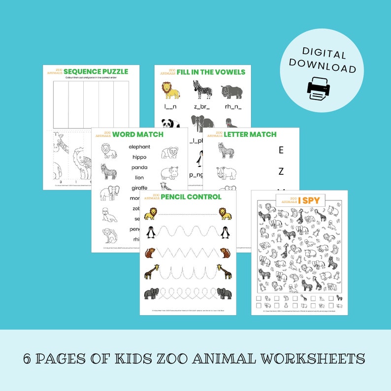 Kids Zoo Animals WORKSHEETS | I Spy, Sequence Puzzle, Word + Letter ...