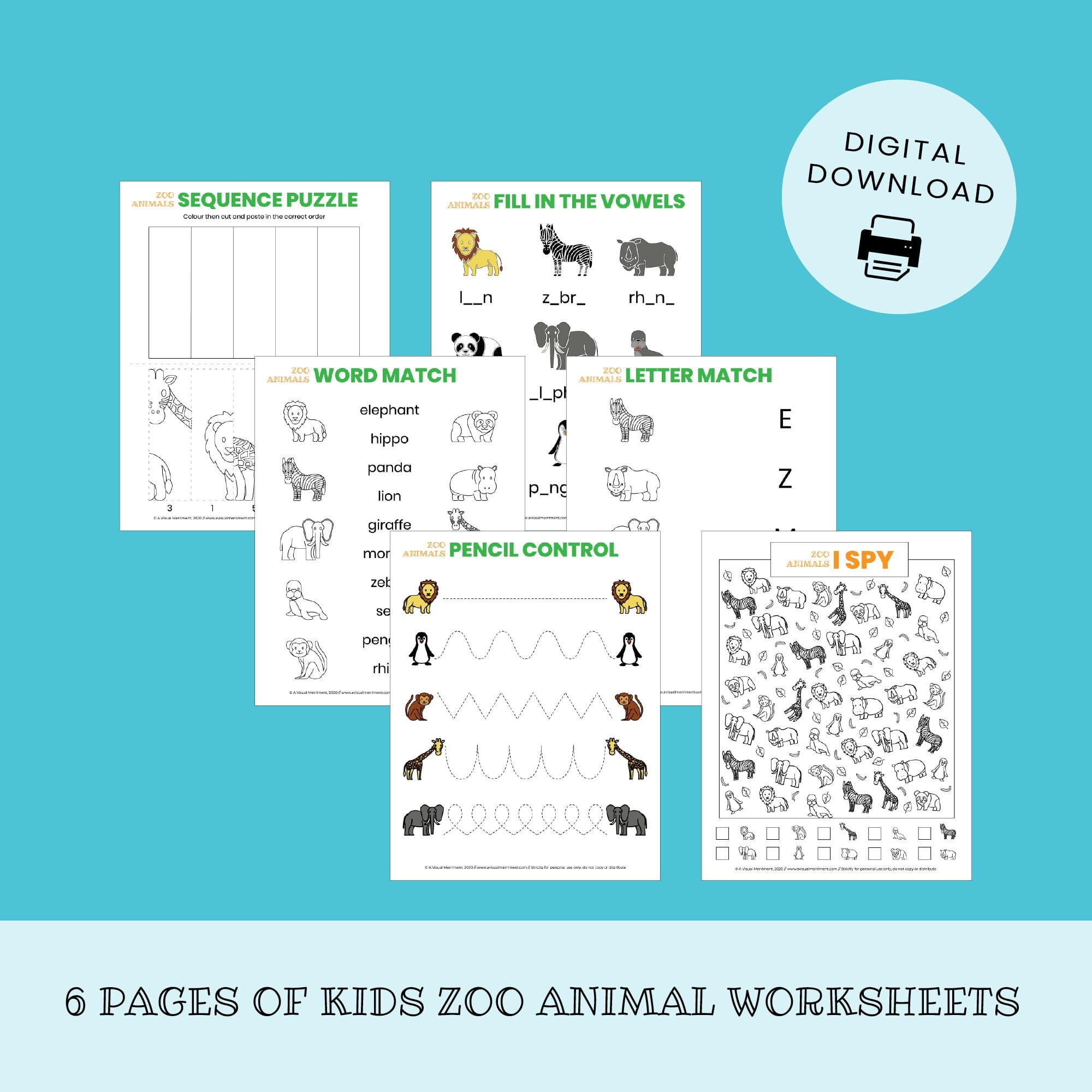 Kids Zoo Animals WORKSHEETS I Spy, Sequence Puzzle, Word Letter Match ...