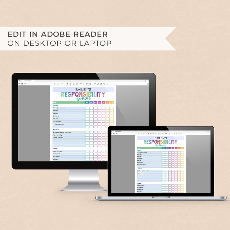 Rainbow Responsibility Checklist for Kids Editable Printable - Etsy