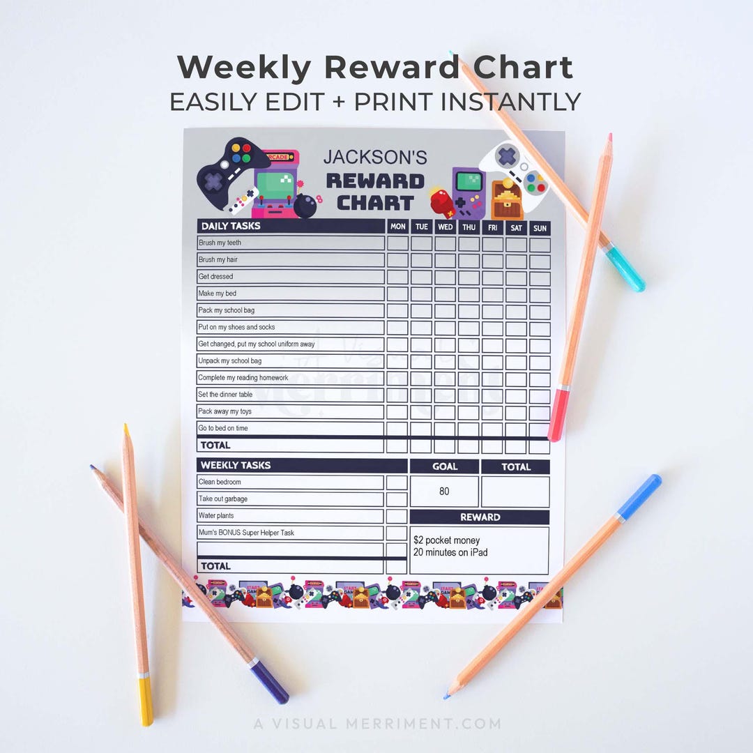 Gamer Reward Chart for Kids, Editable Printable | Video Game Daily ...