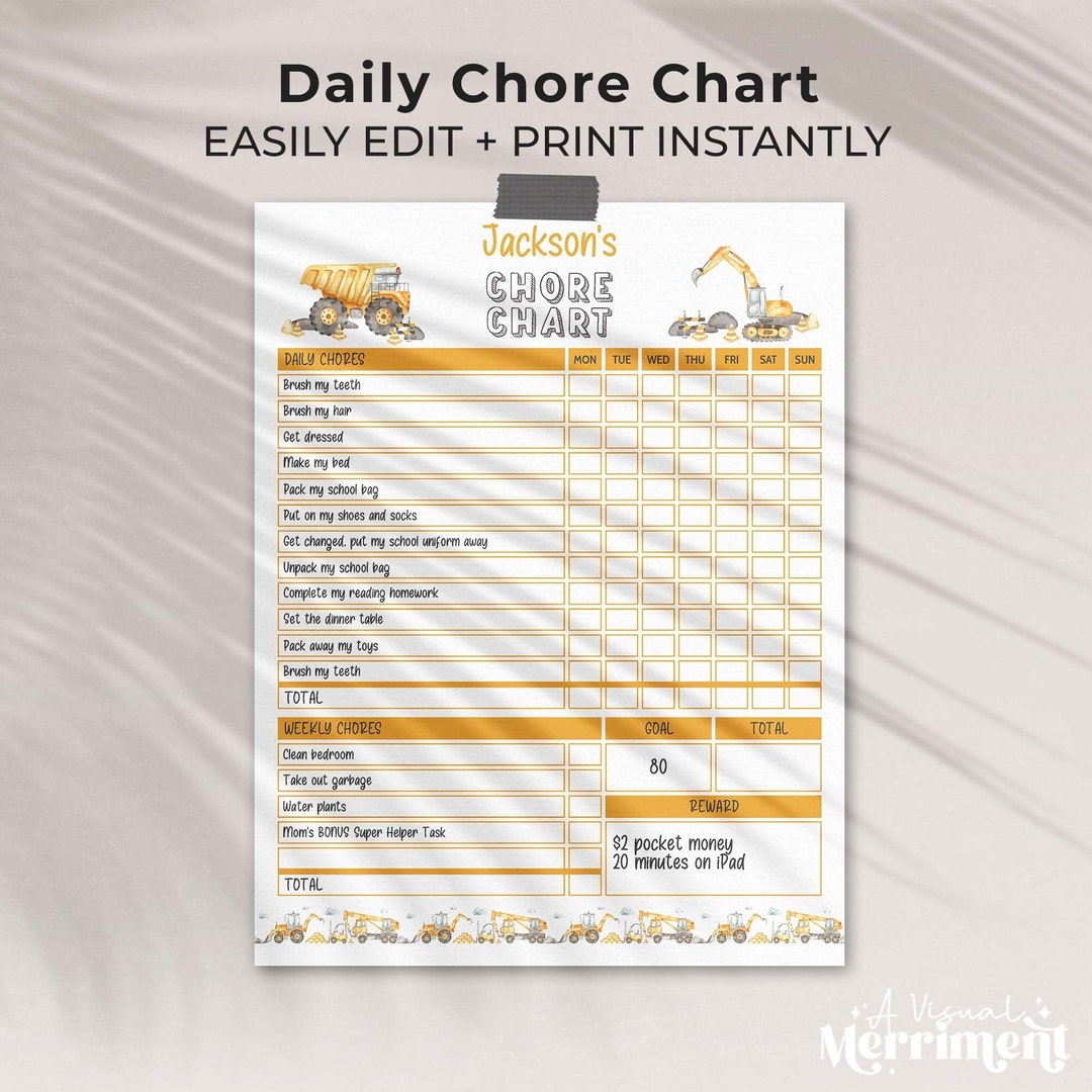 Construction Chore Chart for Kids, Editable Printable | Daily + Weekly ...