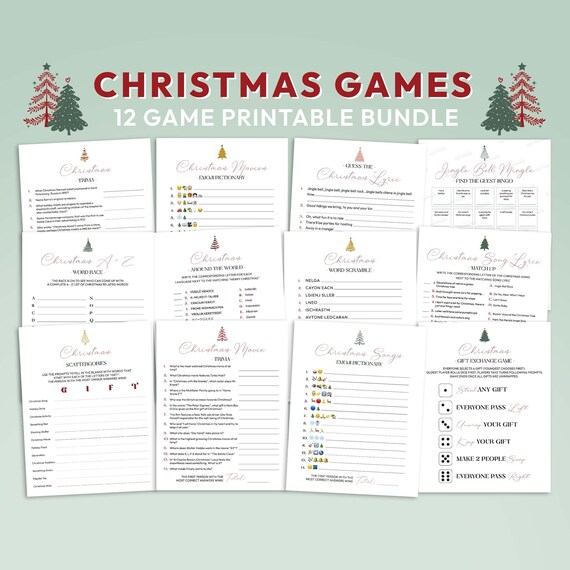 12 Printable Christmas Games Bundle | Family Christmas party quiz, kids ...